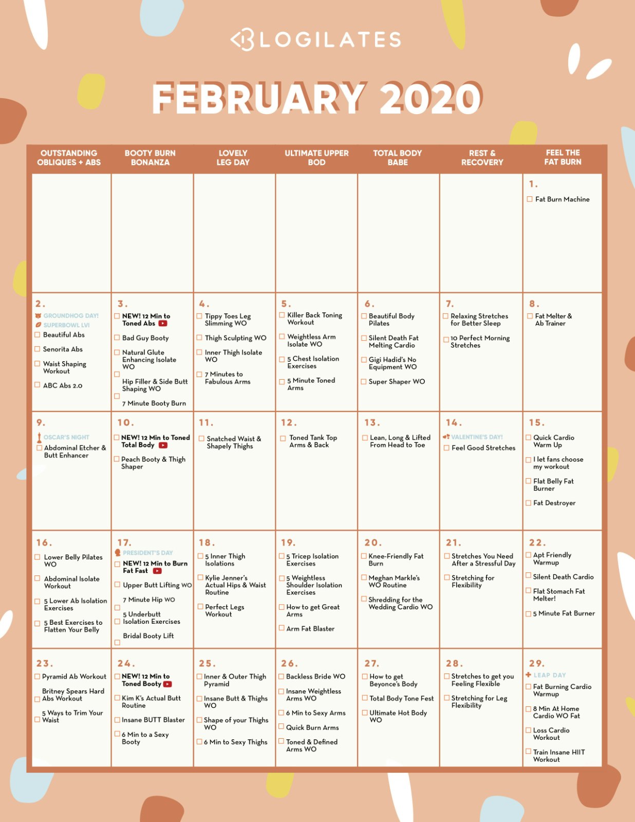 Workout List · The Blogilates February Workout Calendar