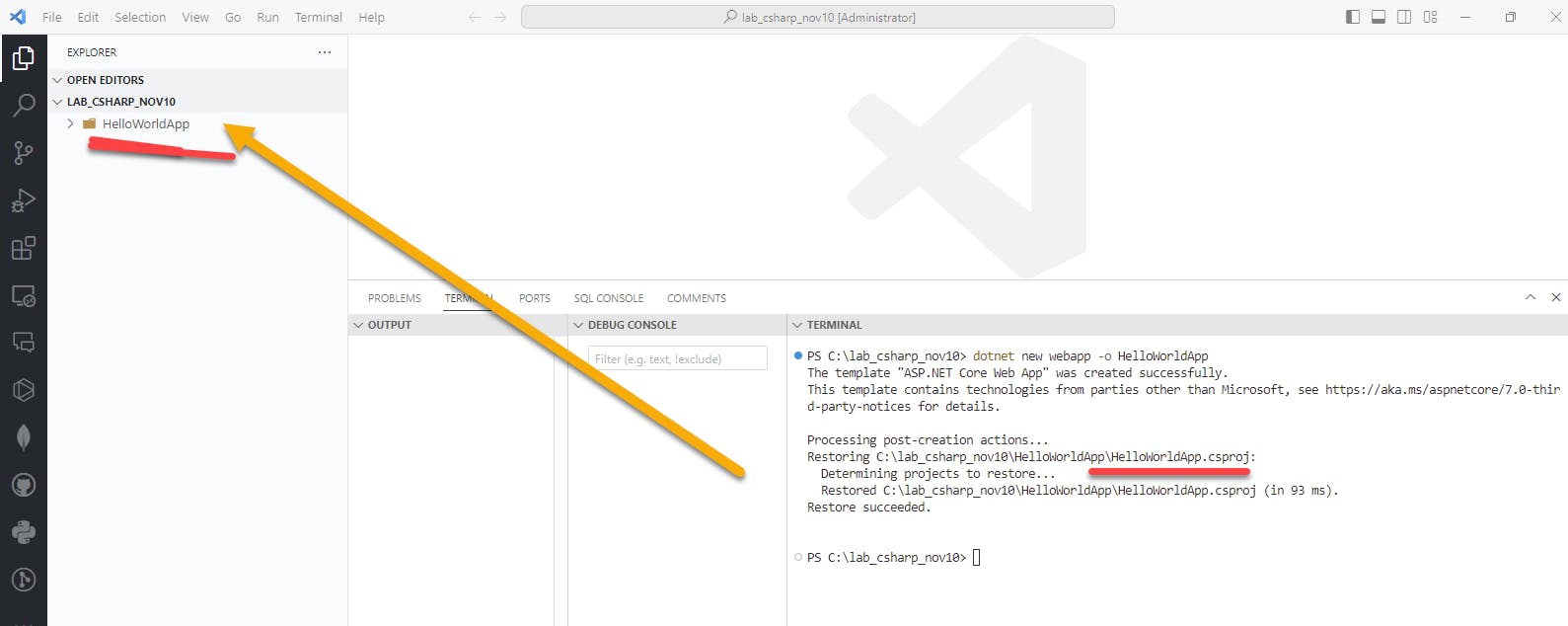 "Hello World" web application using ASP.NET with C# in Visual Studio Code F23/Nov 10